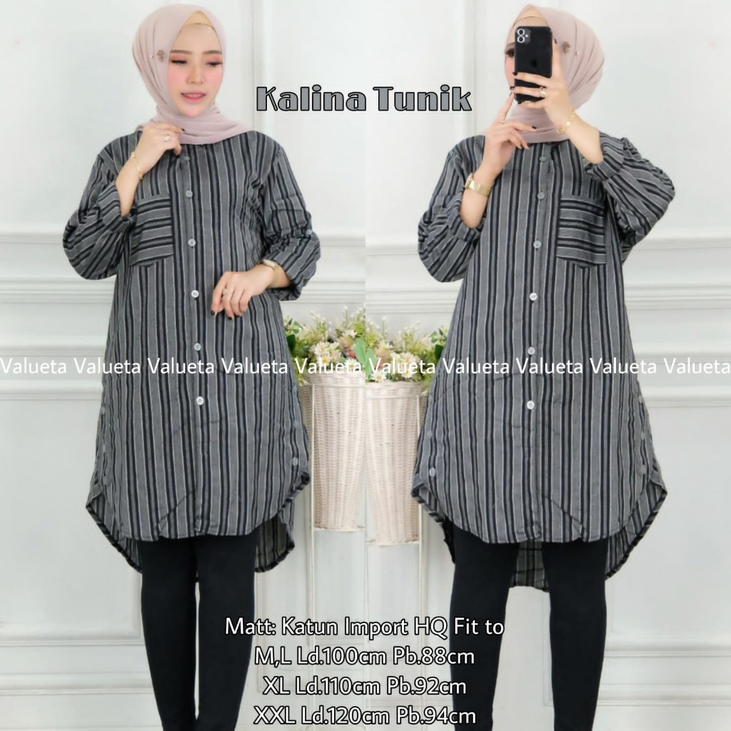 Jual Atasan Tunik Wanita Kalina KlipBusana - Midi Dress Hijab Perempuan Motif Salur Lurik - Girl ...