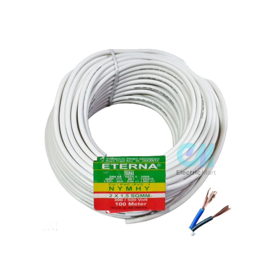 Jual Kabel Eterna NYMHY 2x1,5 Roll 100 Meter Kabel Listrik Putih 2 Tembaga Kawat Serabut 1.5 mm ...