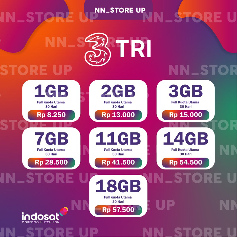 Jual PAKET DATA TRI 25GB 55GB 65GB 100GB - UNLIMITED | Shopee Indonesia