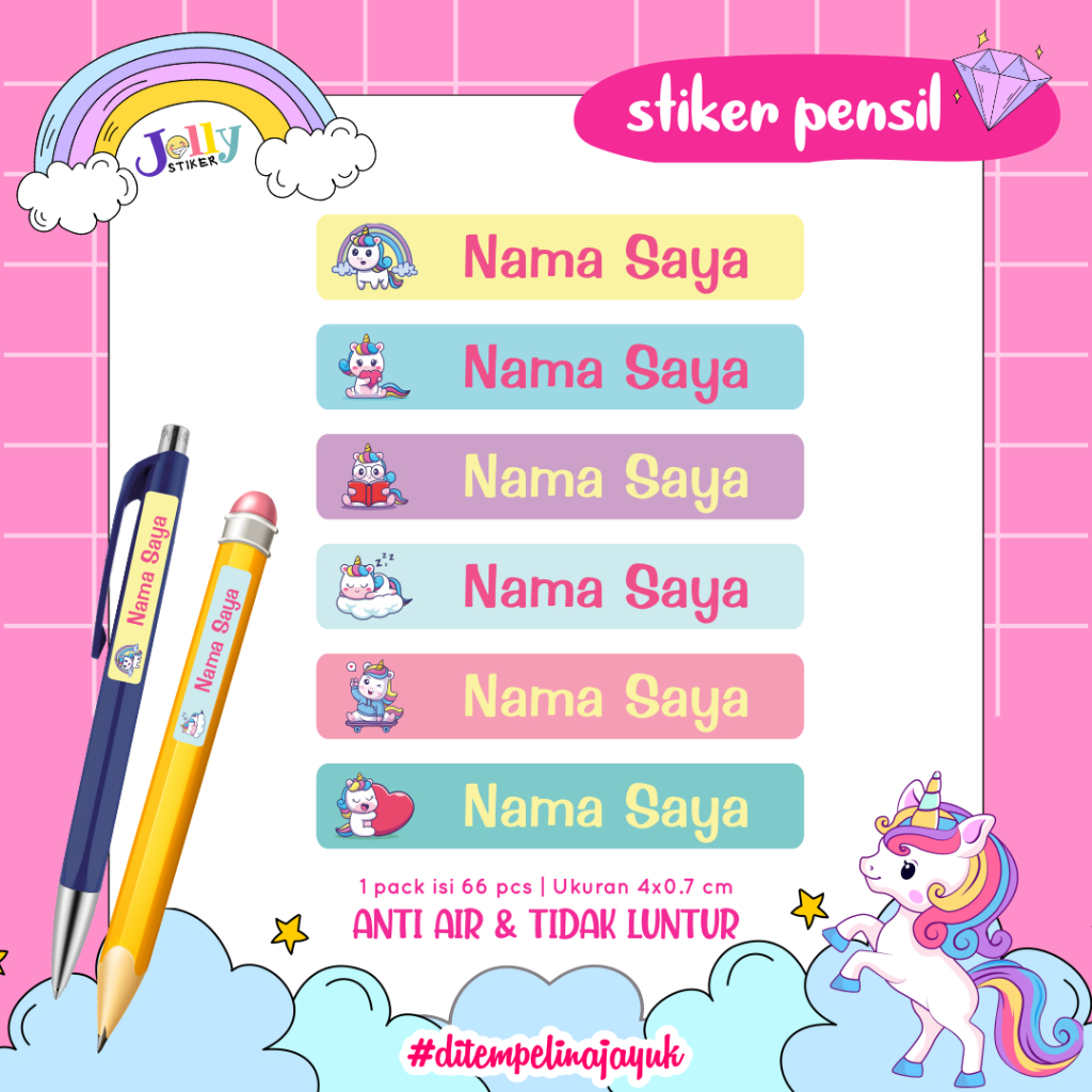 Jual Stiker Pensil Nama Waterproof Custom Tema Unicorn Sticker Label ...