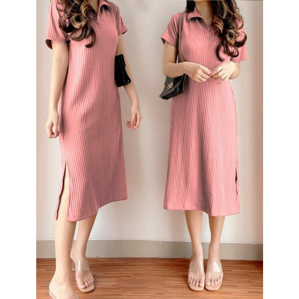 Jual LONG DRESS KNIT SLIT DRESS DRESS KERAH COLLAR | Shopee Indonesia