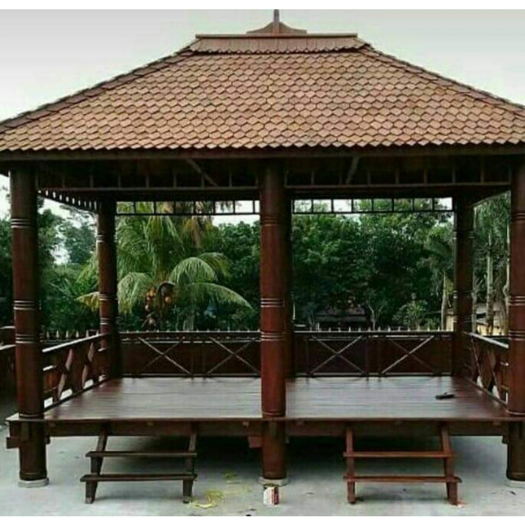 Jual Gazebo Model Tiang Motif Ukuran 5x2,5 Meter Kayu Kelapa Atap Model Sirap Kayu Ulin | Shopee ...