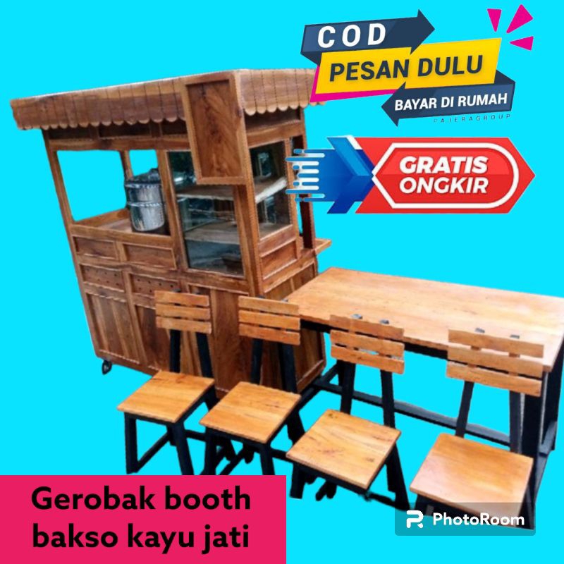 Jual gerobak booth bakso satu dandang dan satu set meja kursi kayu jati ...