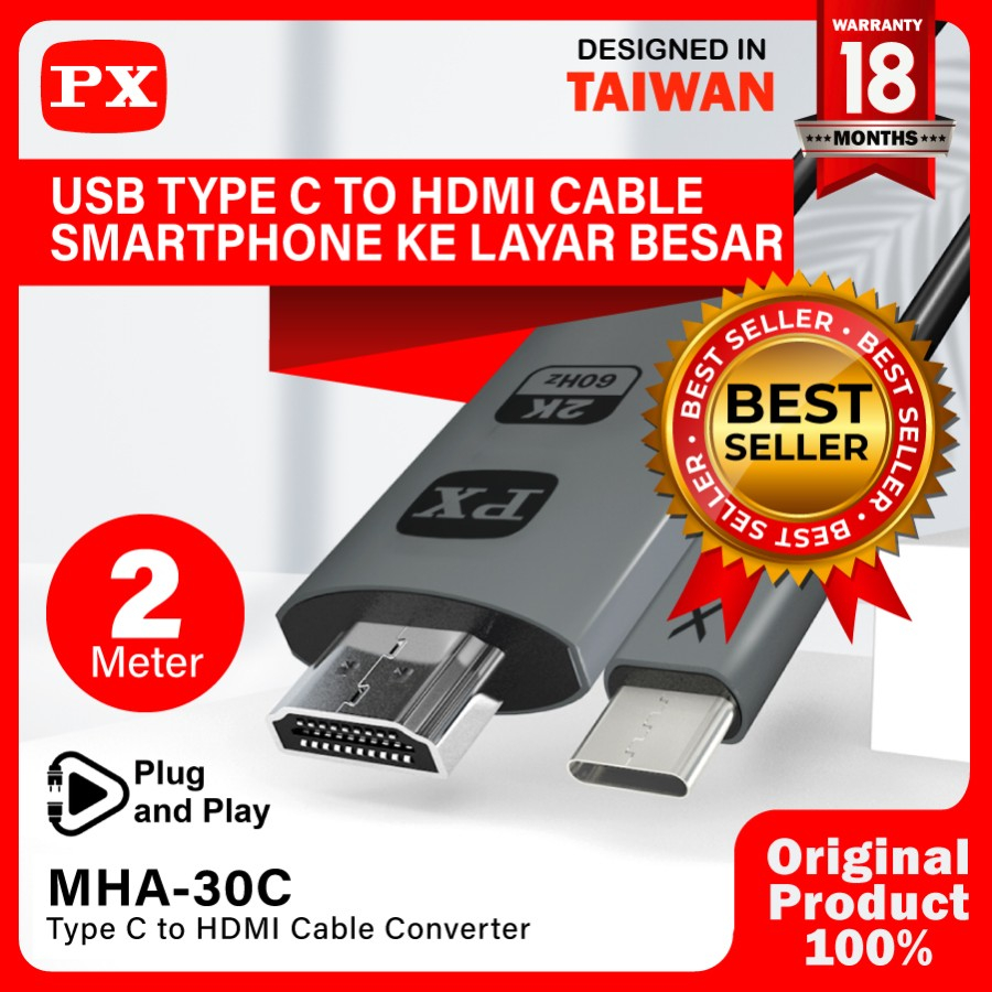Jual PX MHA-30C Kabel MHL USB Type C to HDMI TV Proyektor Converter 2M | Shopee Indonesia