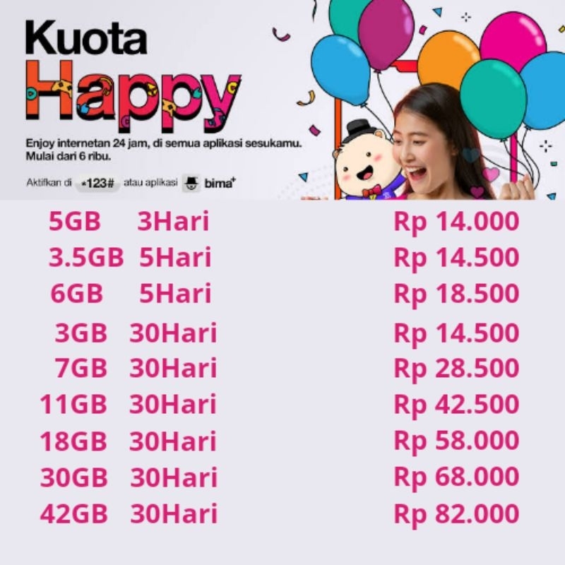 Jual Paket Data Kuota Tri Three Happy 3GB 3.5GB 5GB 6GB 7GB 9GB 11GB 14GB 18GB 22GB 30GB 42GB ...