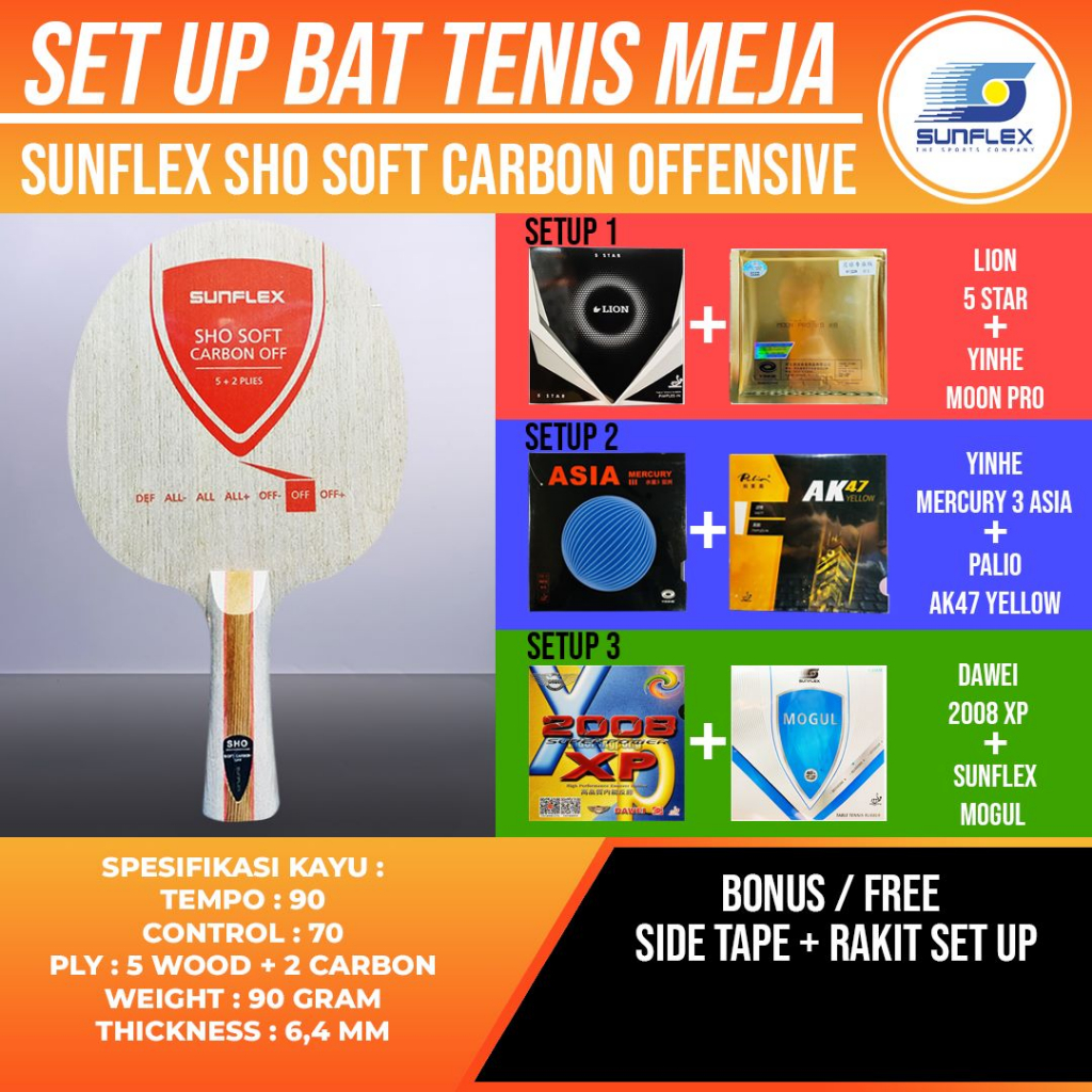 Jual Paket Bat Pingpong Rakitan Sunflex Sho Soft Carbon Dawei Lion Yinhe | Shopee Indonesia