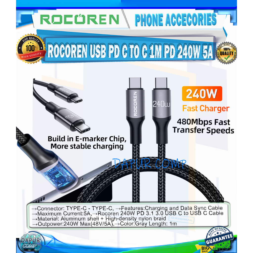 Jual ROCOREN USB PD 240W C TO C PD 3.1 FAST CHARGING CABLE FOR LAPTOP ...