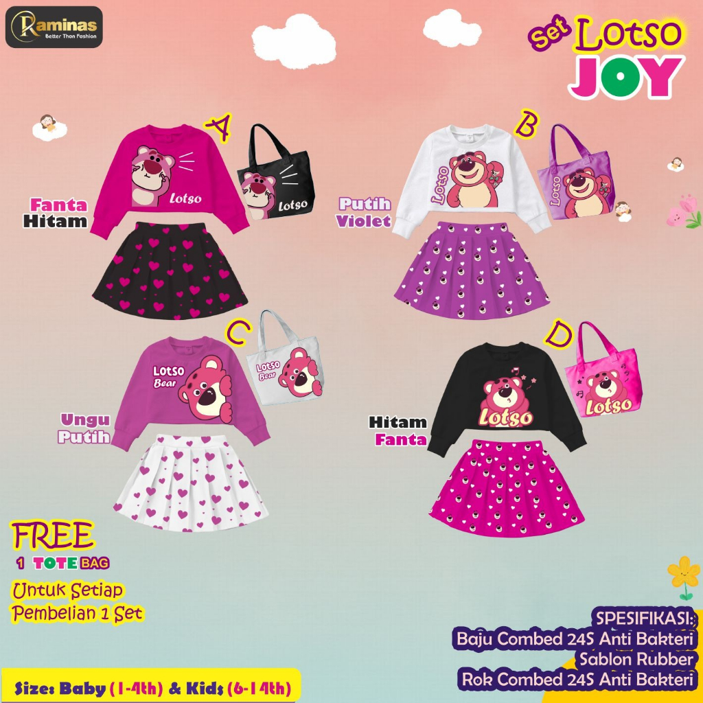 Jual SETELAN ROK ANAK PEREMEPUAN SET LOTSO JOY FREE TOTEBAG BY RAMINA's ...