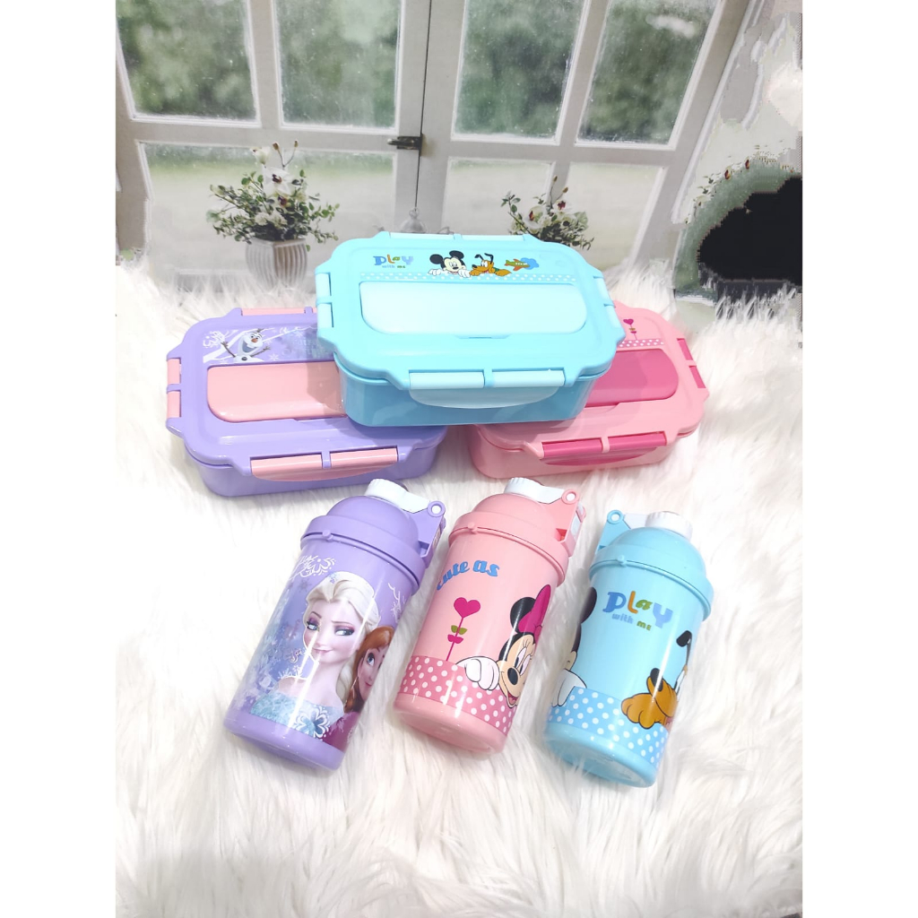 Jual Kotak Bekal Makan Anak 3 Sekat Sendok + Botol Minum / Tempat set Makan Anak Karakter Lucu ...