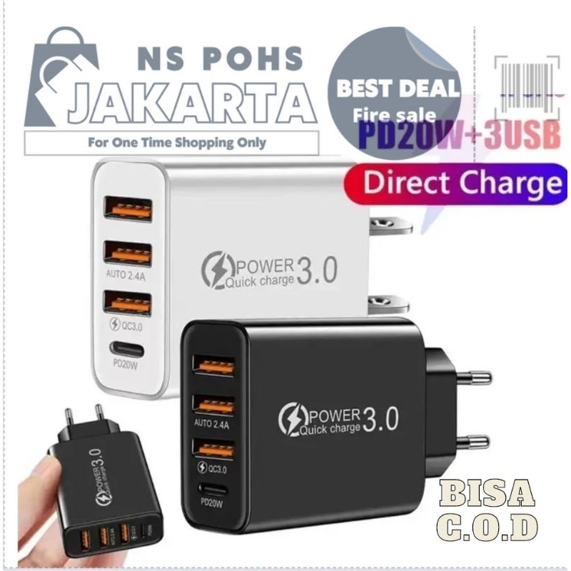 Jual PD QC 3.0 3 USB + 1 USB Type C 2.4A 3.0 FastCharger USB Quick Charge Cas hp | Shopee Indonesia