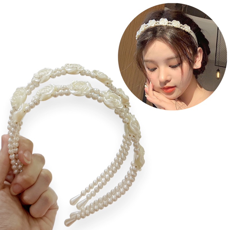 Jual Bando Mutiara Double Rose Flower Bunga Mawar Pearl Headband ...