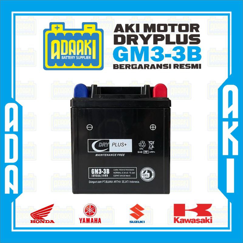 Jual Aki DRYPLUS GM3-3B untuk motor RX-KING, Ninja R 2tak, Satria Lumba 12V 3AH | Shopee Indonesia