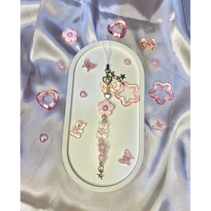 Jual keychain clear pink beads/keychain pink star series/ phone strap ...