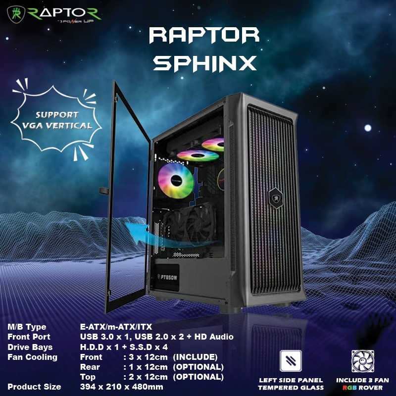 Jual Casing Gaming POWER UP RAPTOR SPHINX, case support VGA Vertical ...