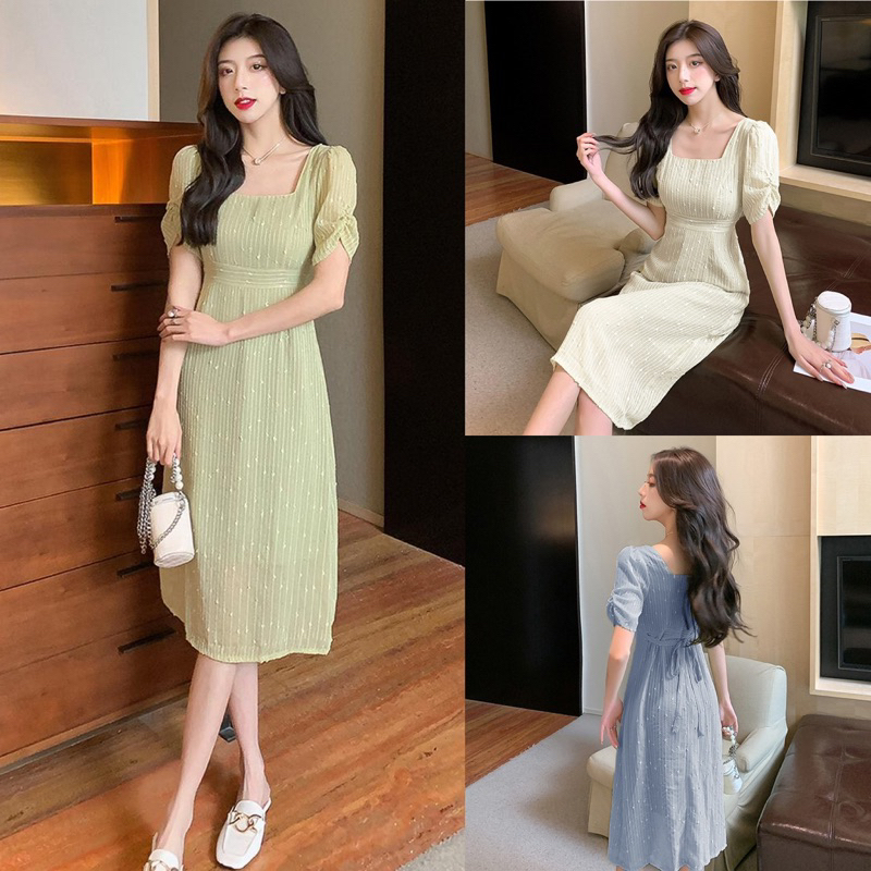 Jual D1365 CANA KOREAN STYLE VINTAGE MIDI DRESS PESTA SQUARE NECK ...