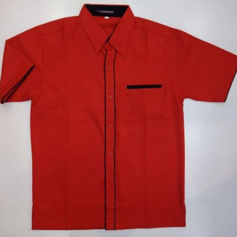 Jual Kemeja Merah List Hitam | Seragam Merah List Hitam | Baju Merah ...