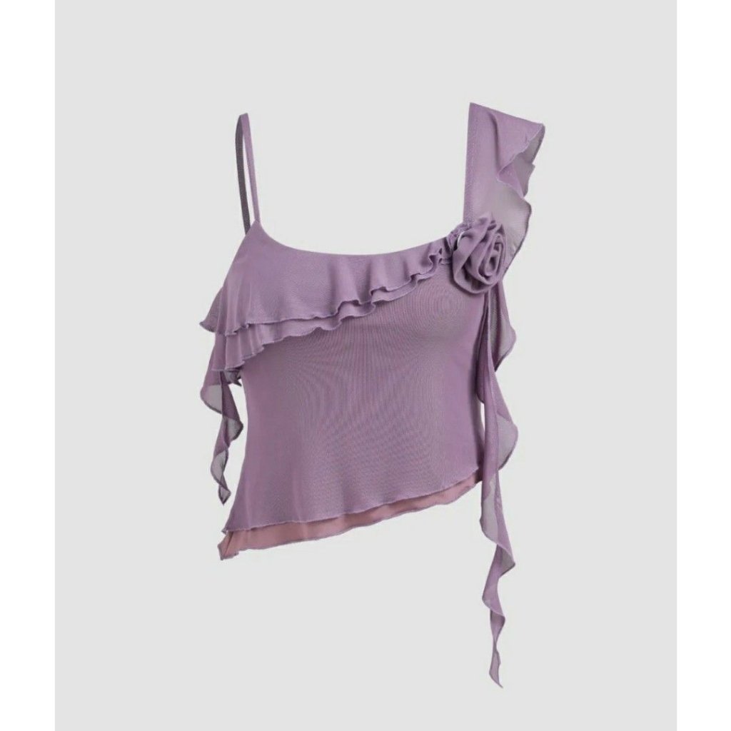 Jual Cider Assymetrical Floral Rose Ruffle Hem Top Rosette Trim ...
