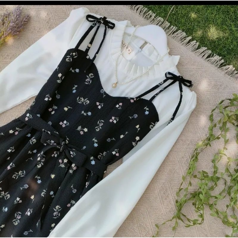 Jual Hagia Overall Dress bunga korean style | Shopee Indonesia