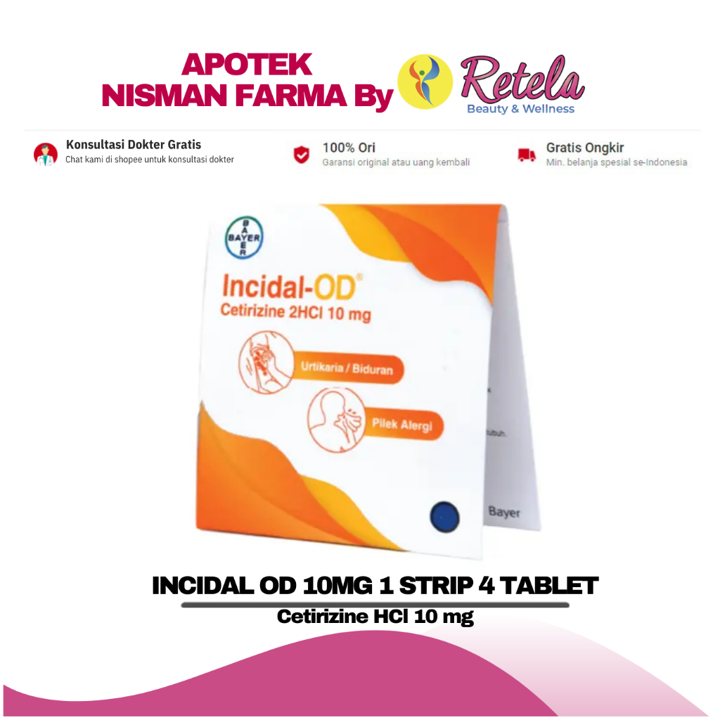 Jual INCIDAL OD 10MG 1 STRIP 4 TABLET ( Cetirizine HCl 10 mg ) / OBAT ALERGI / BIDURAN / GATAL ...