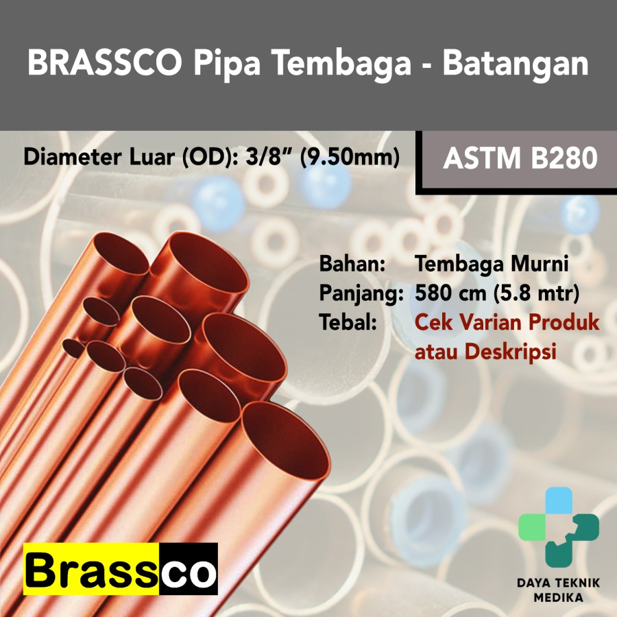 Jual Brassco Pipa Tembaga 3/8" 9.50mm - ASTM B280 - Batangan | Shopee Indonesia