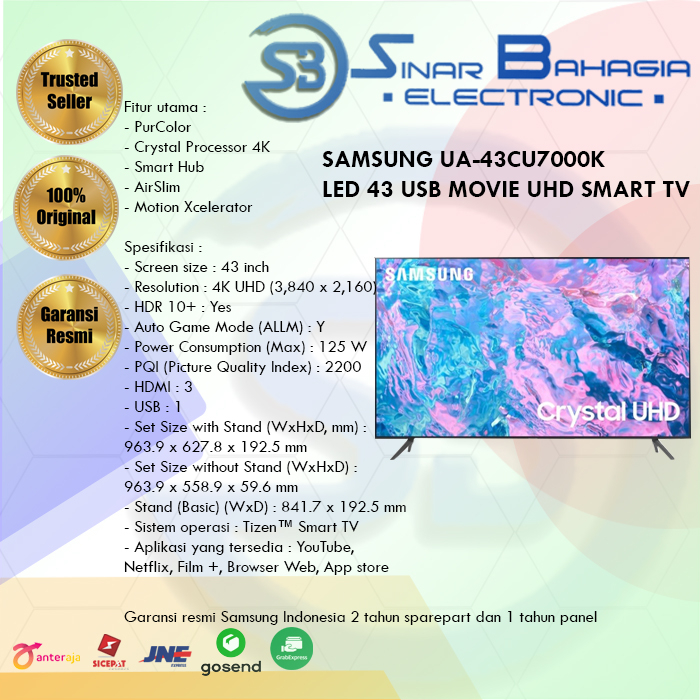 Jual SAMSUNG UA-43CU7000K LED 43 USB MOVIE UHD SMART TV (NEW) (KHUSUS BANDUNG) | Shopee Indonesia