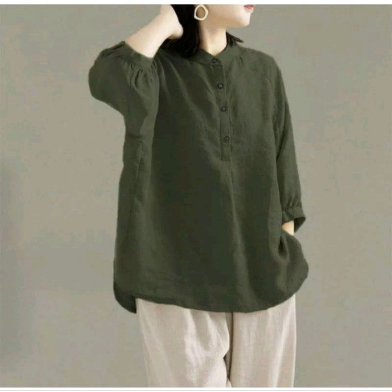 Jual Kemeja Wanita Polos Leher Shanghaikemeja Linen Polosblouse Wanita Shopee Indonesia