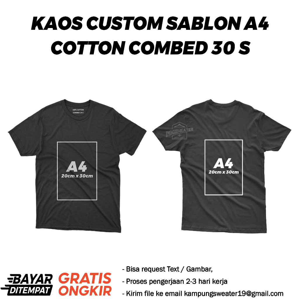 Jual KAOS CUSTOM LENGAN PENDEK UKURAN SABLON A4 BAHAN COTTON COMBED 30s ...