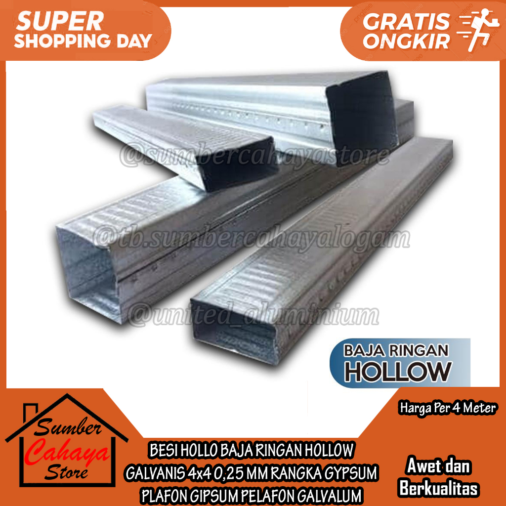 Jual BESI HOLLO BAJA RINGAN HOLLOW GALVANIS 4x4 0,25 MM RANGKA GYPSUM PLAFON GIPSUM PELAFON ...