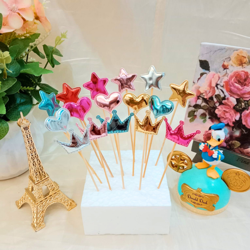 Jual Topper Hiasan Kue Cake Ulang Tahun Metallic Bintang, Hati, dan Mahkota ( Isi 5 pcs ...