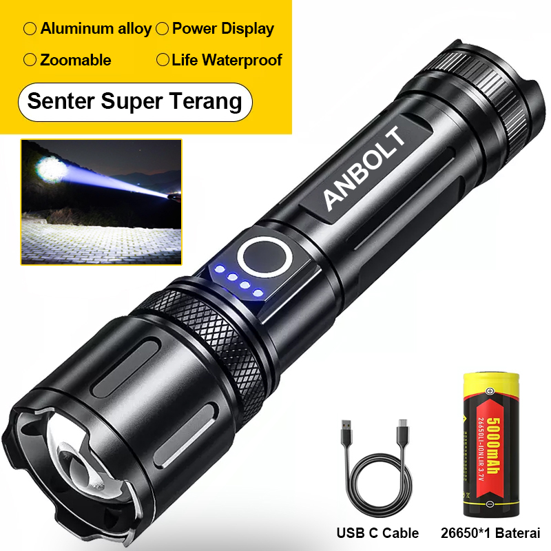 Jual Anbolt Senter LED Super Terang Jarak Jauh 90000 lumens Zoomable Senter Tahan Lama Anti Air ...