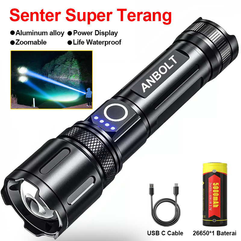 Jual Anbolt Senter LED Super Terang Jarak Jauh Anti Air Senter LED 90000 Lumens Original USB C ...