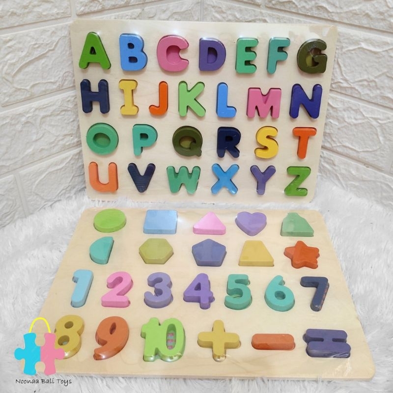 Jual Chunky Puzzle Alphabet Shape Number Mainan Puzzle Kayu Huruf Angka ...