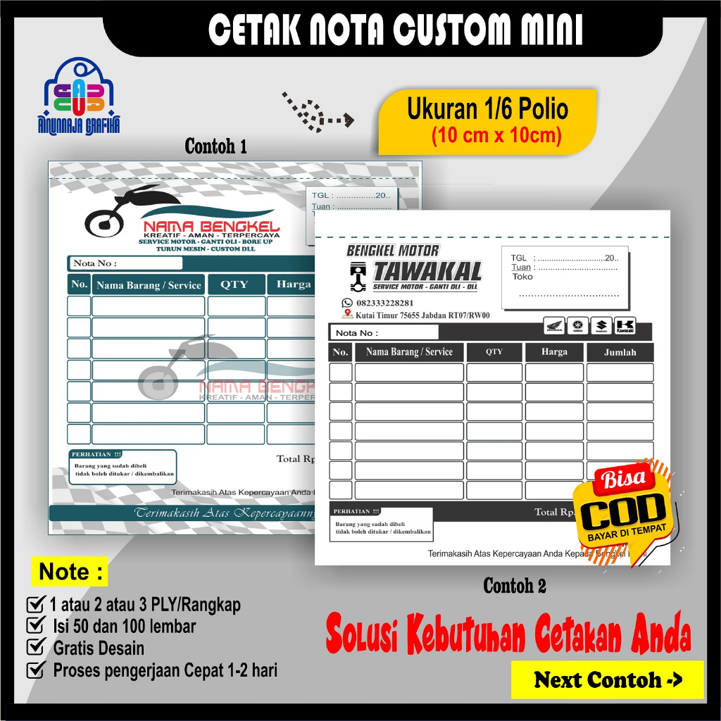 Jual CETAK NOTA BENGKEL UKURAN KECIL 10 X 10 CM 1 PLY / 2 PLY / 3 PLY ...