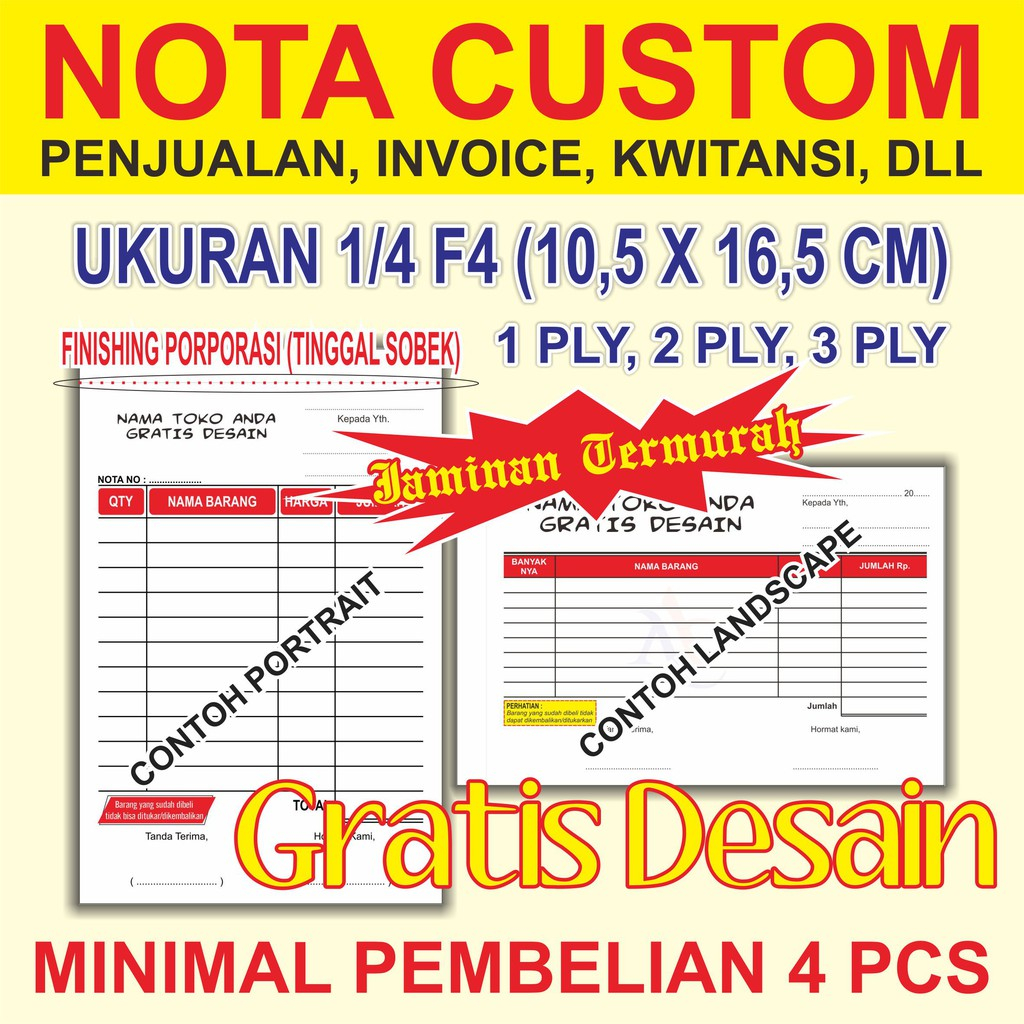 Jual [PROMO] Free Desain Nota Custom 1/4 Folio isi 50 lembar | Shopee ...