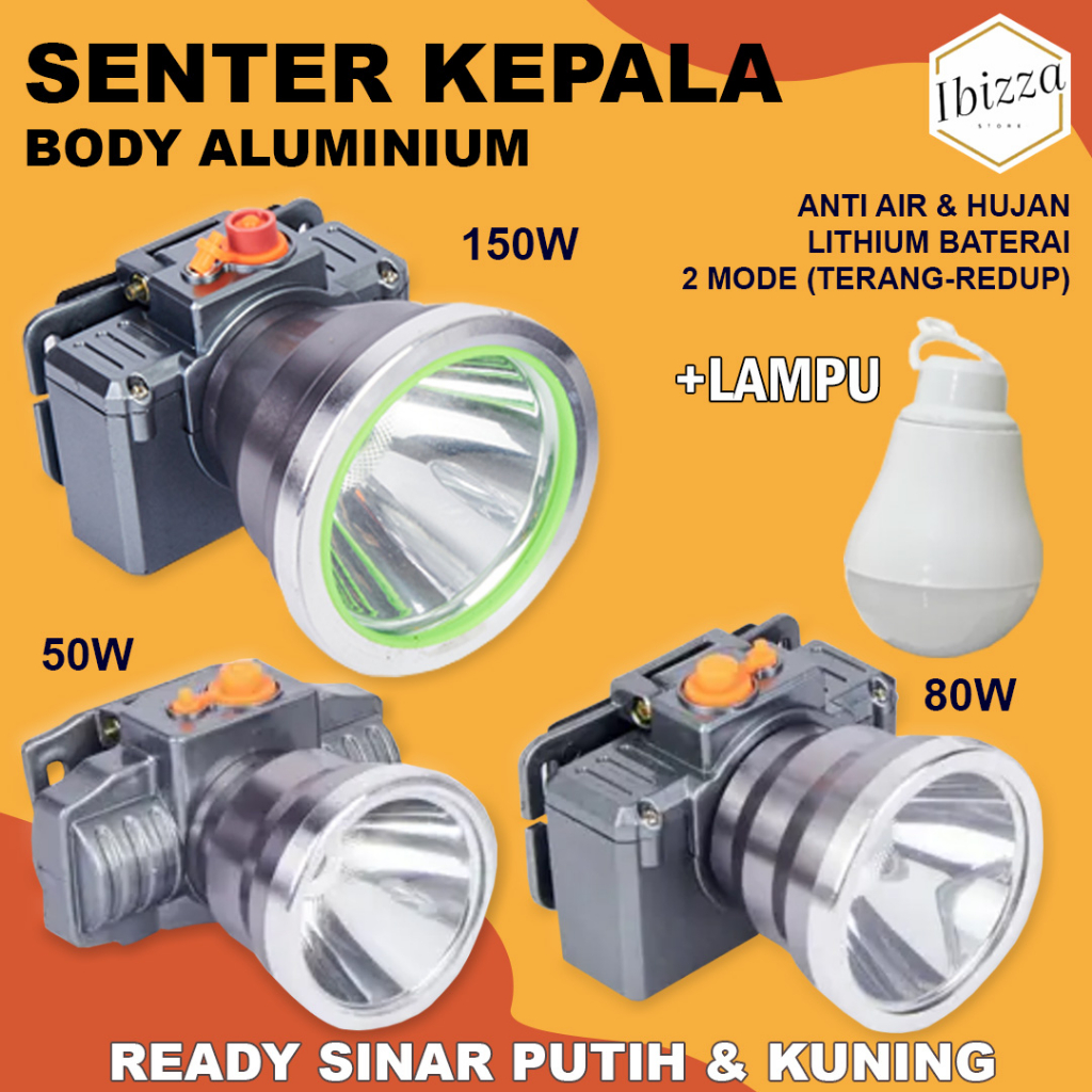 Jual Senter kepala aluminium 50w 80w 150w Putih / Kuning body besi ...