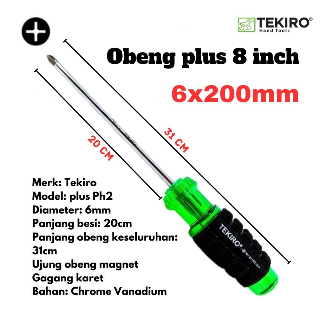 Jual Obeng Plus 8 inch Tekiro Diameter 6mm Ph2 Panjang Besi 20cm Magnet ...