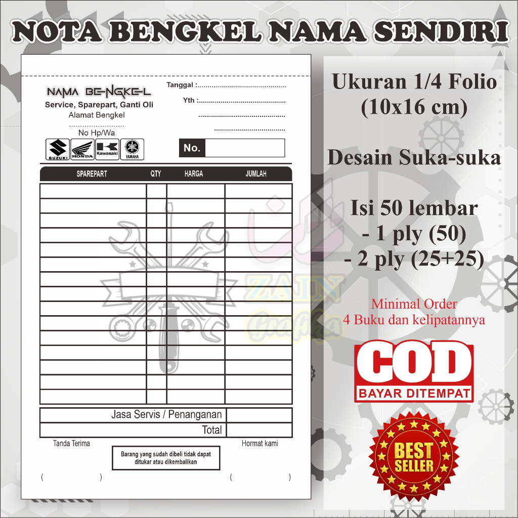 Jual Nota Bengkel Custom Nama Sendiri Ukuran 1/4 Folio Zain Grafika ...