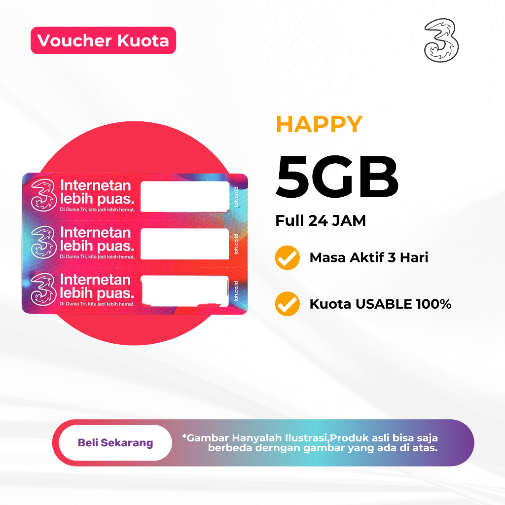 Jual Voucher Kuota Tri Happy 5GB Masa Aktif 3 Hari Full 24 JAM ...