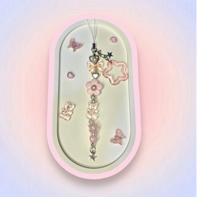 Jual keychain clear pink beads/keychain pink star series/ phone strap ...