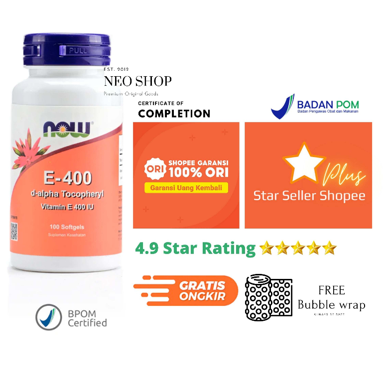 Jual Now Foods Vitamin E 400 IU Vit E-400 E400 - 100 softgels (BPOM ...