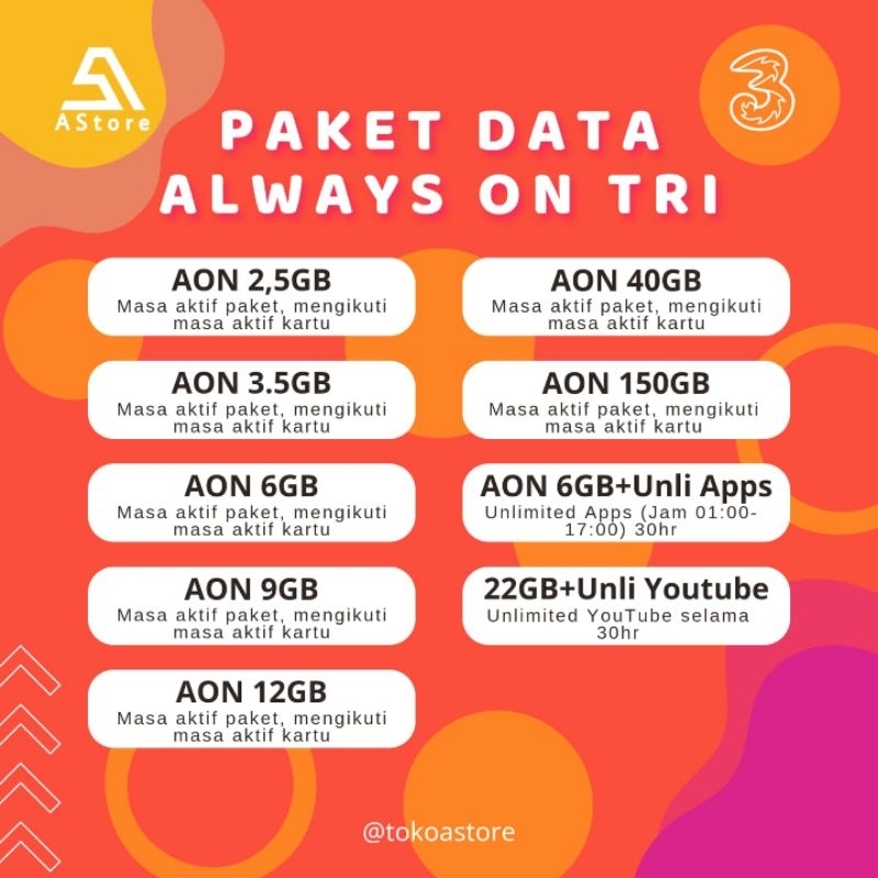 Jual PAKET DATA AON / ALWAYS ON TRI / THREE TERMURAH PROMO UNLIMITED ...