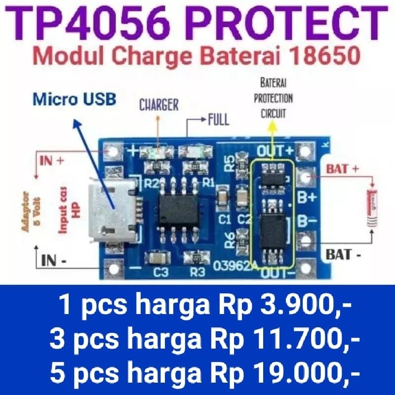 Jual Tp4056 Protect dengan fungsi proteksi (pilihan paket; 1pcs;3pc ...