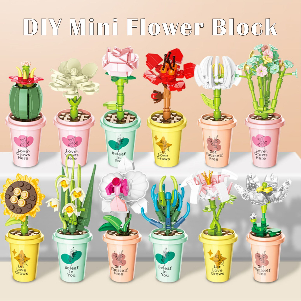 Jual Blok Susun Pot Bunga Buket Simulasi DIY Partikel Mini Mainan ...