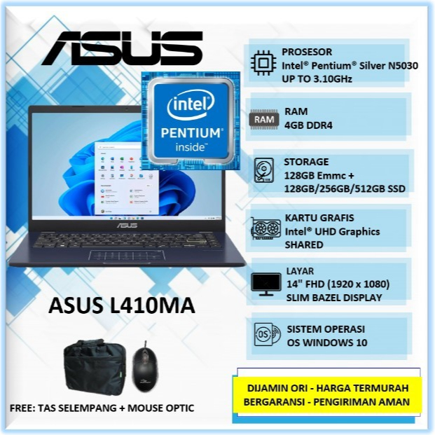 Jual Laptop Sekolah Asus L410MA Intel N5030 4GB 512GB SSD 14" FHD ...
