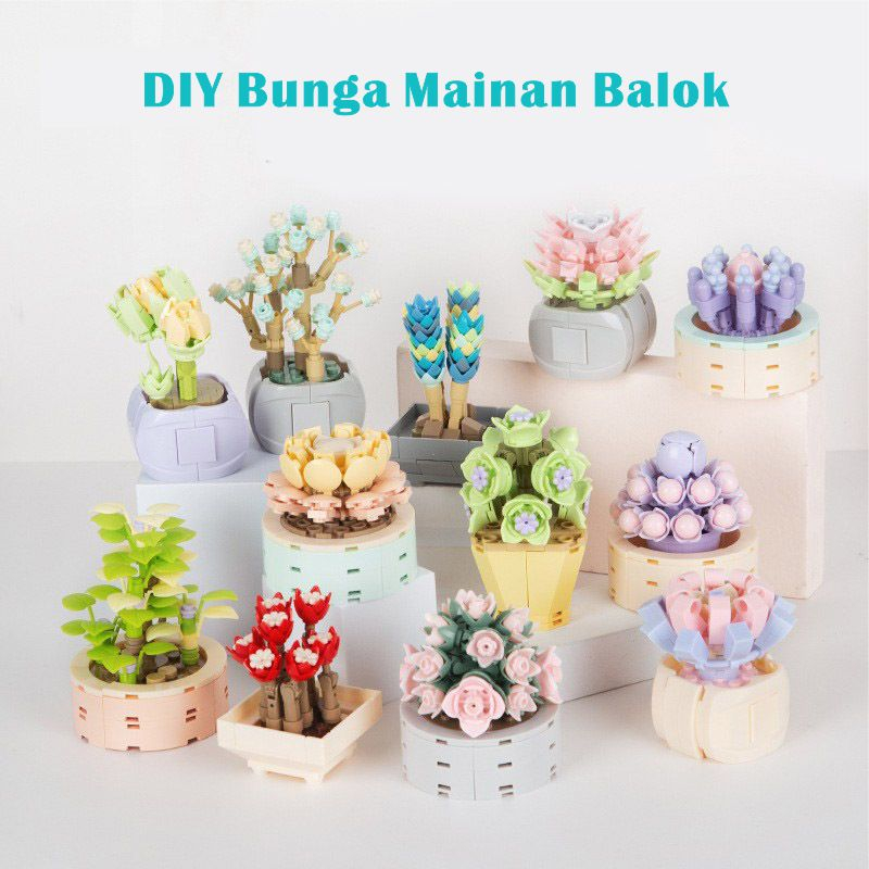 Jual Blok Susun Pot Bunga Buket Simulasi DIY Partikel Mini Mainan ...