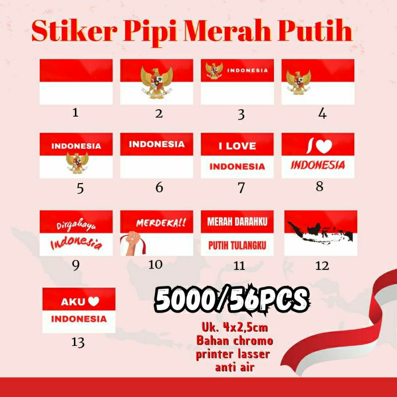 Jual (Isi 56pcs) STIKER PIPI MERAH PUTIH STICKER BENDERA KEMERDEKAAN ...