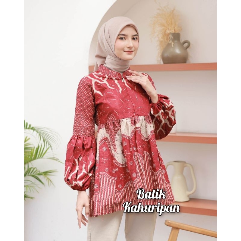 Jual Batik wanita lengan balon baju batik wanita modern motif akar ...