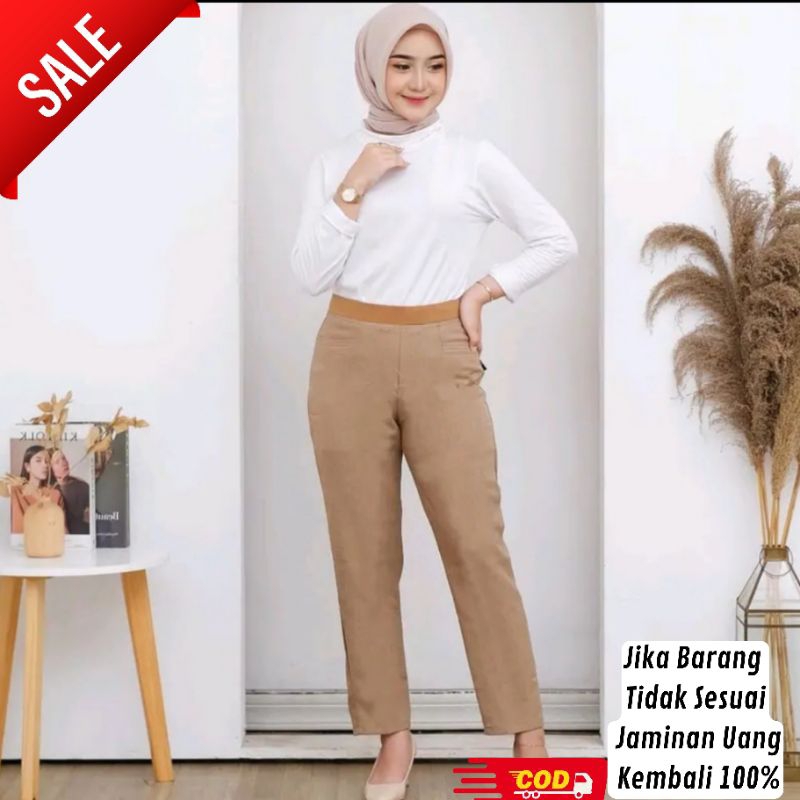 Jual Celana Kerja Wanita Kantor Pinggang Karet Elasti Celana Bahan Formal | Shopee Indonesia