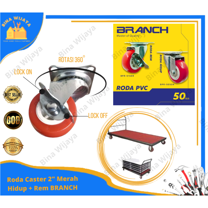 Jual Roda Kastor hidup 2 Inch + REM Merah Swivel Plate Nylon Troly ...