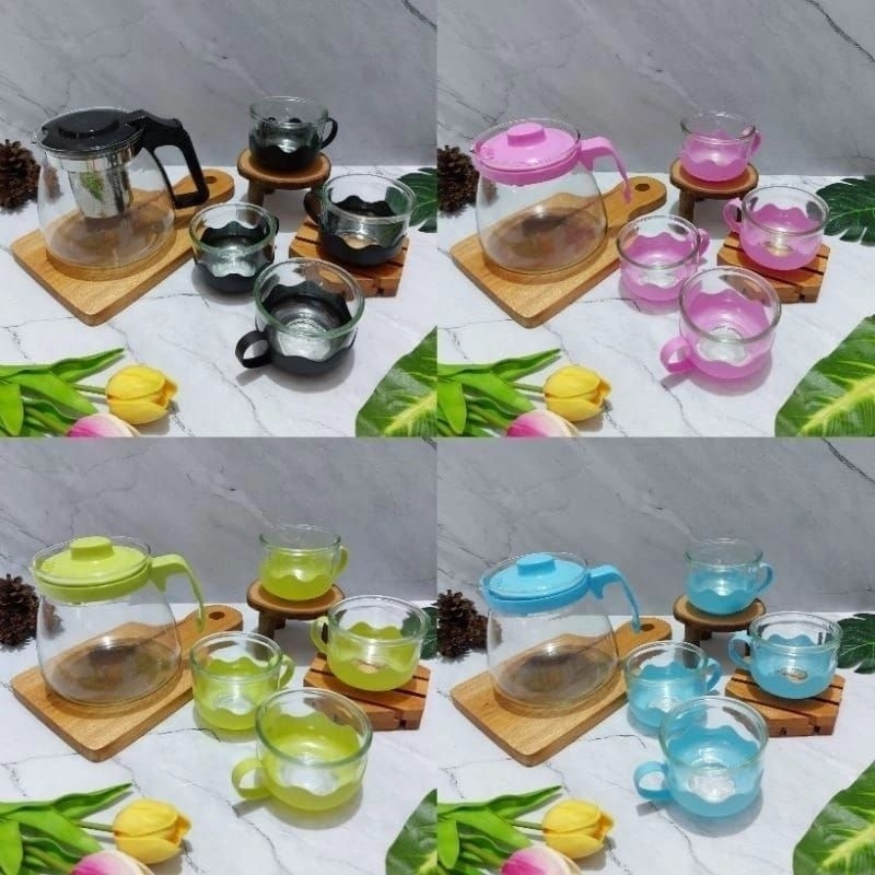 Jual Set 5 in 1 Tea Pot, Teapot Warna / Teko Set Cangkir Kaca / Teapot ...